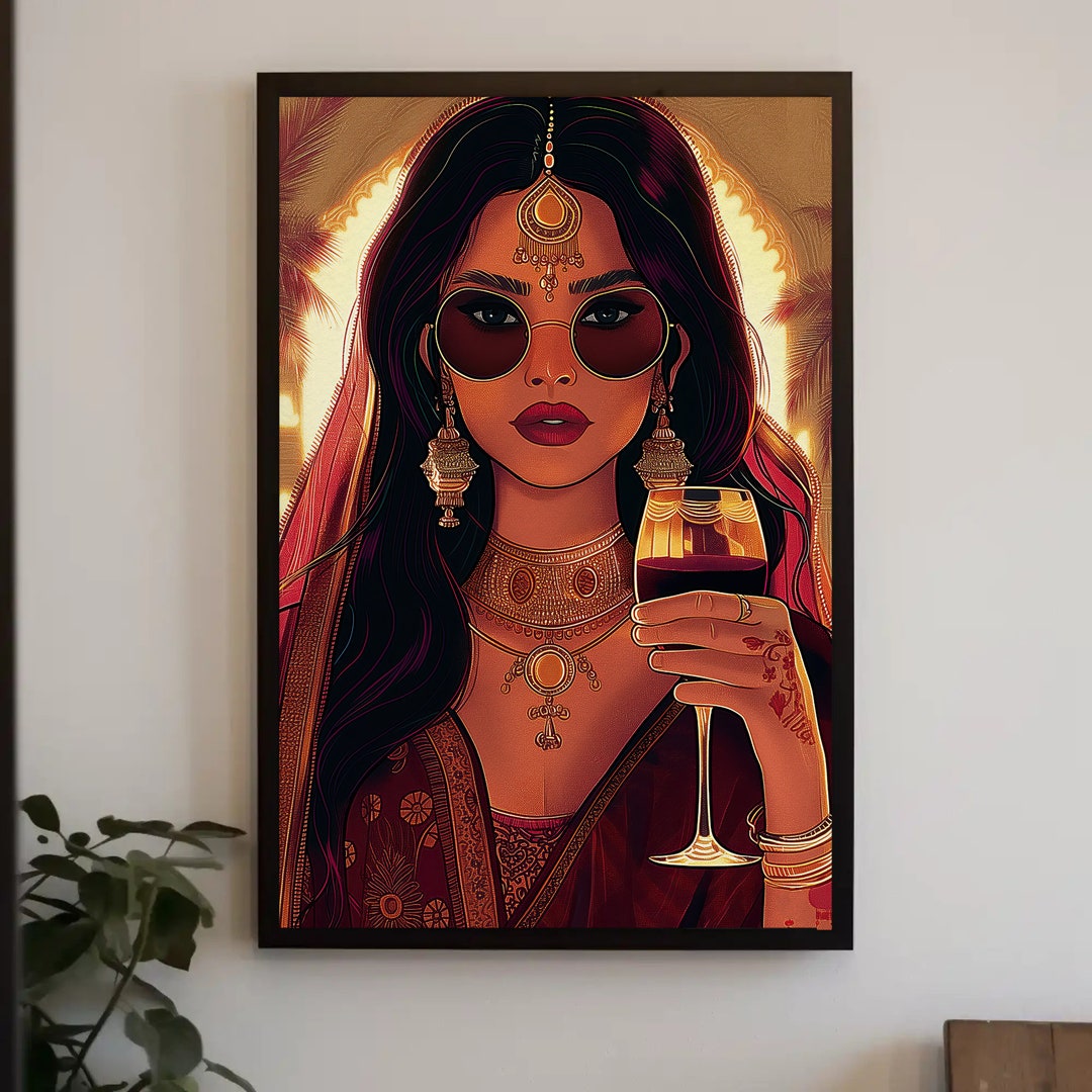 Modern Indian Woman Drinking Wine Wall Art Desi Art South Asian Art ...