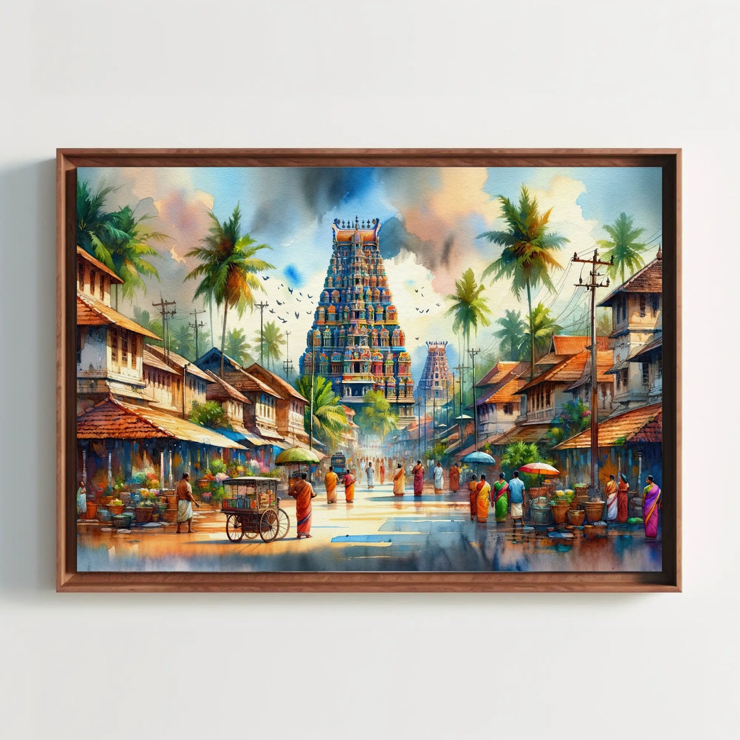 South India Landscape Traditional Framed Canvas & Poster Painting ...
