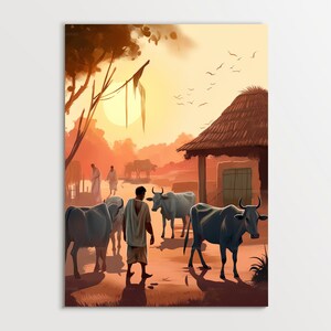 Indian Village Scene Modern Artwork | Rural Indian Art | Village Scene ...