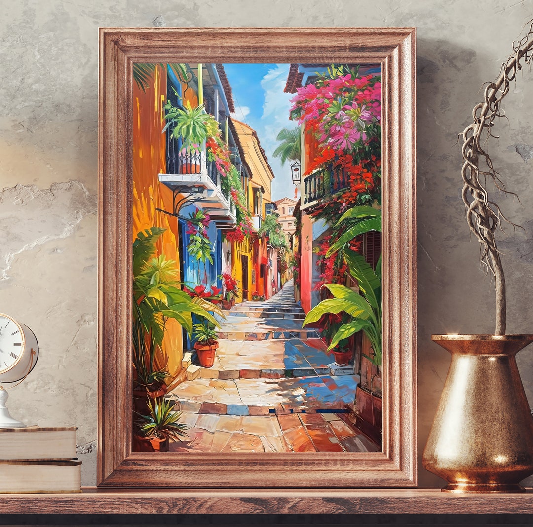 Colombia Art Painting, Street of Cartagena Art Poster, Colombian ...