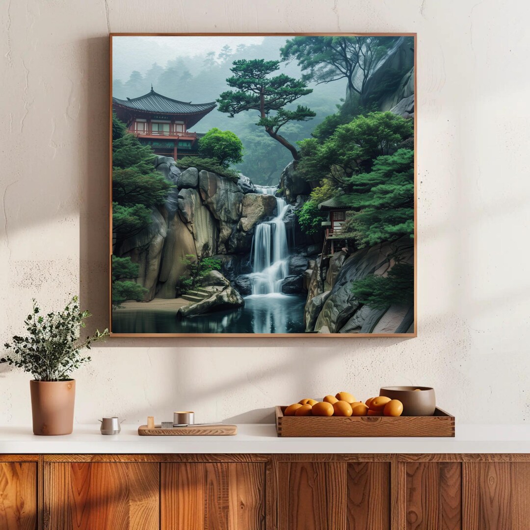Zen Waterfall Wall Art Square Canvas Print | Tropical Green Japanese ...
