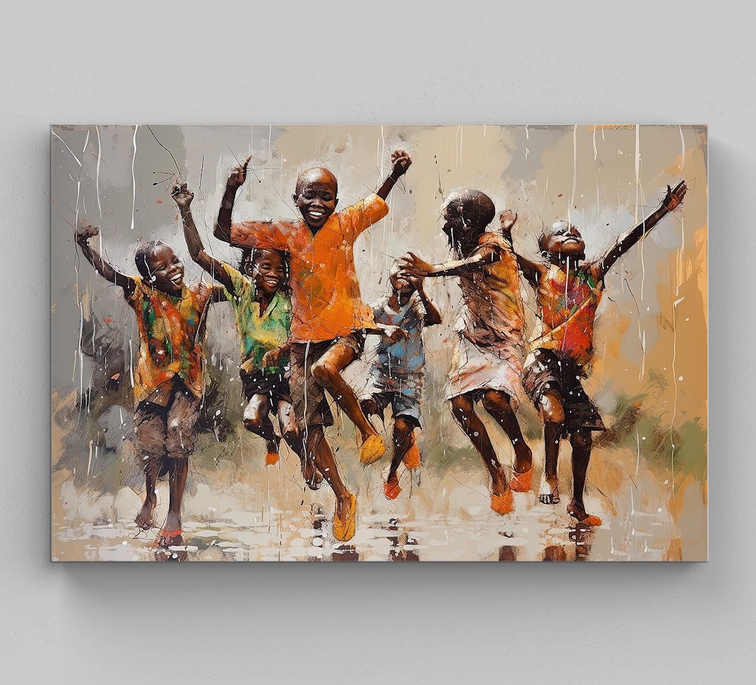 African Kids Playing Canvas Art - Black Art - African Children in Rain ...