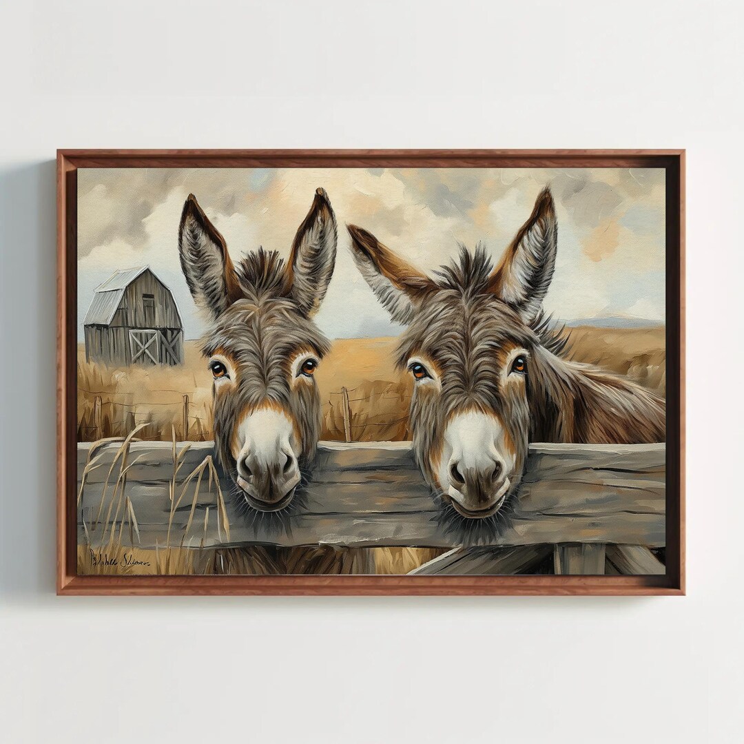Two Donkeys Peeking Over Fence Canvas Print - Extra Large Rustic Animal ...