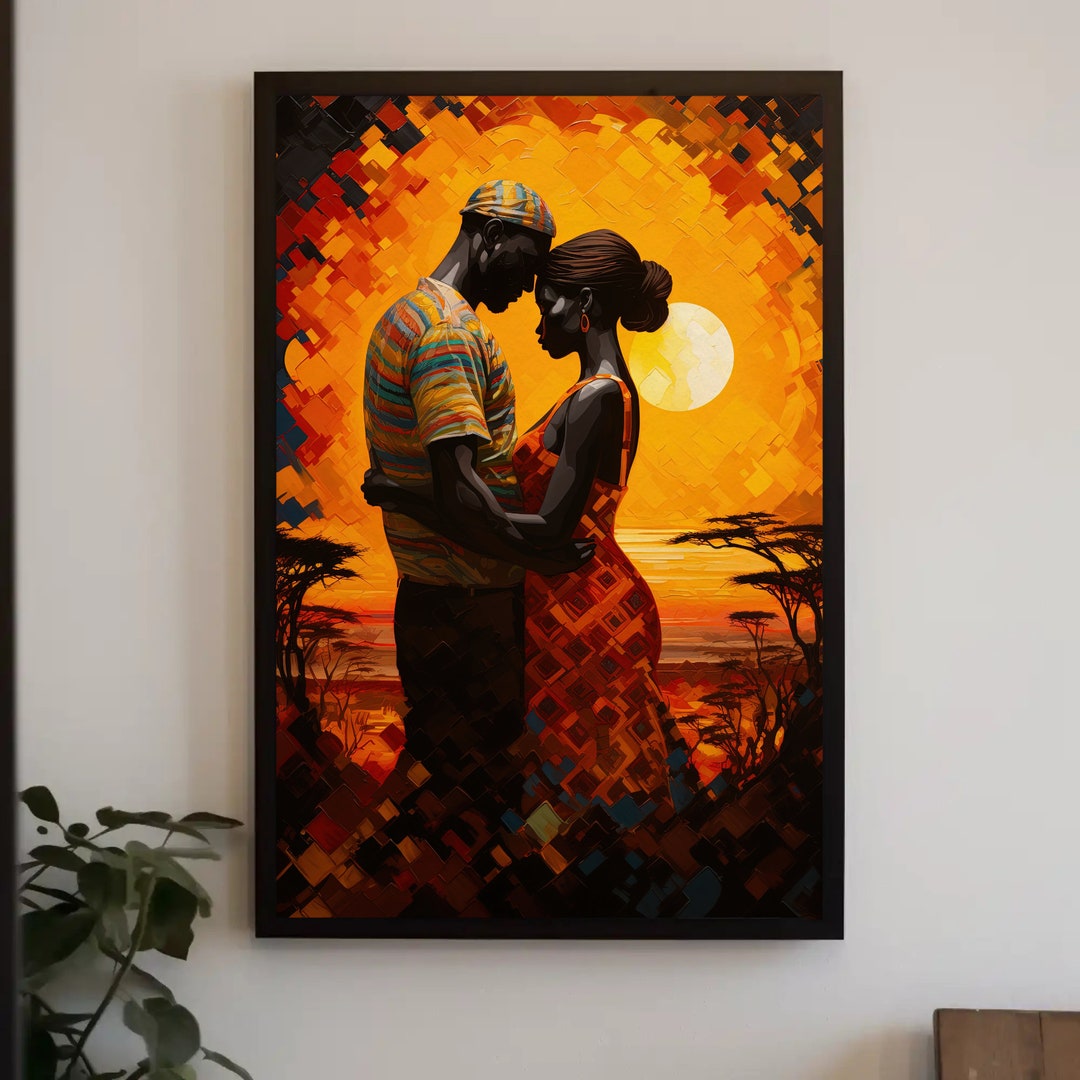 Retro Sunset Black Couple Wall Art Poster, African Landscape Bakcground, Black Couple Art, Black ...