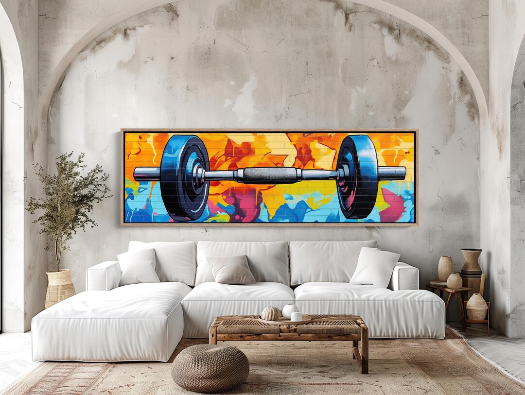 Barbell Graffiti Gym Art Panoramic Canvas Print, Fitness Wall Decor for ...