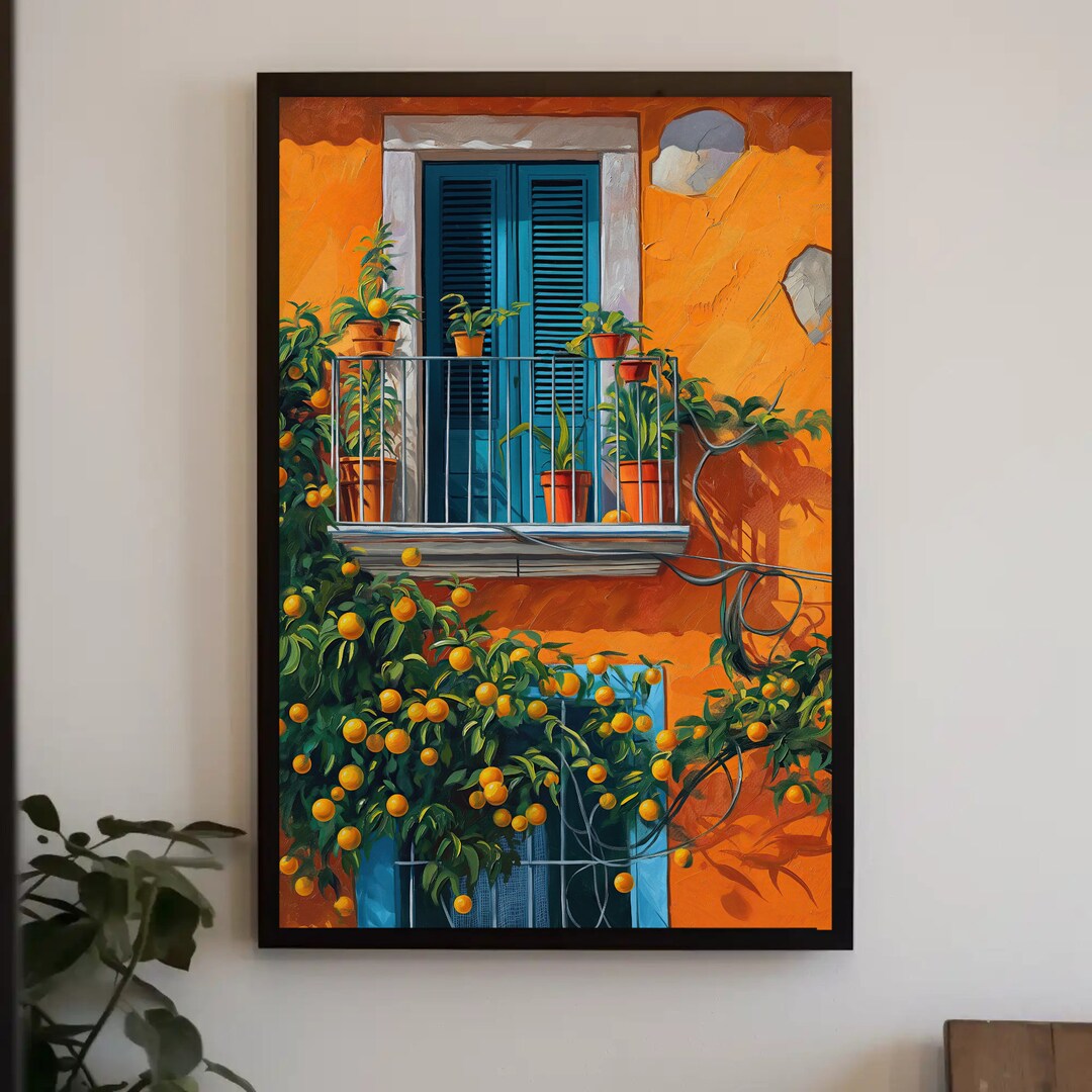 Mediterranean Balcony Wall Art Orange Tree Window Wall Art Latin Wall ...