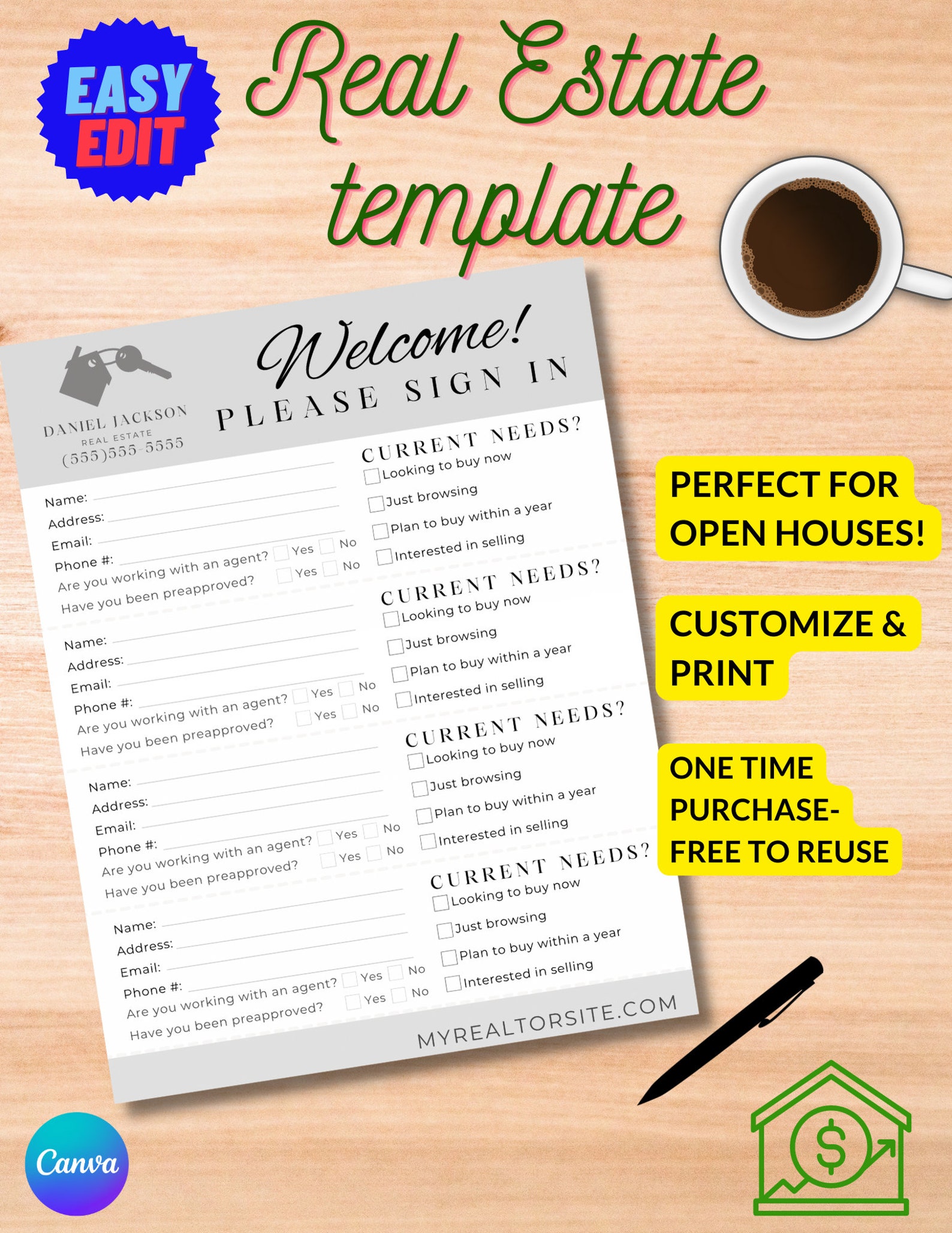 Open House Sign-in Sheet Template for Realtors and Real Estate Agents ...