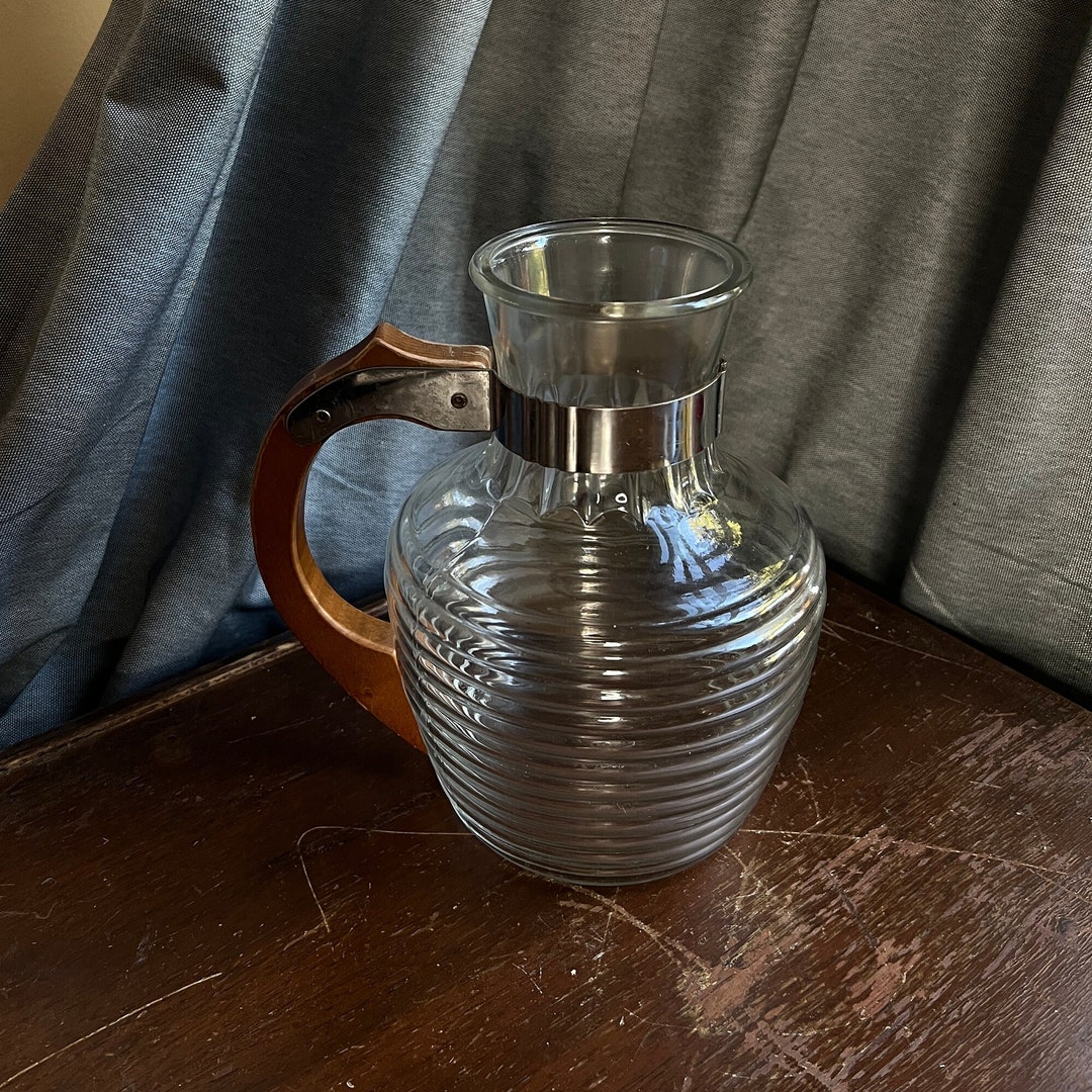 Vintage Mud Century Ribbed Glass Pitcher Wood Handle, Retro Pressed ...