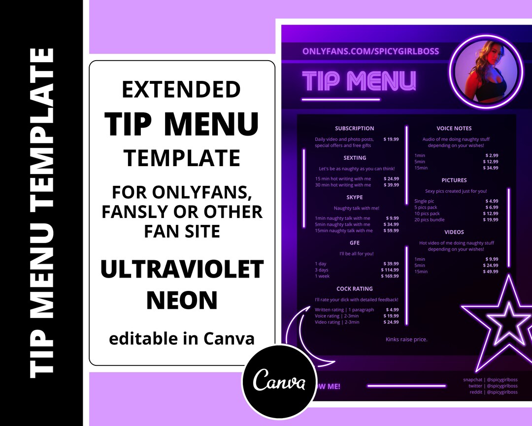 Onlyfans Editable Tip Menu Template For Fansly, Cam Girl, Adult ...
