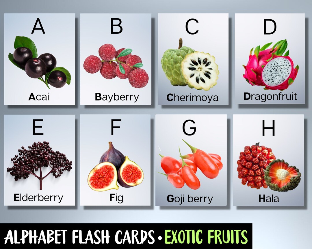 Alphabet Flash Cards, Learn ABC, Exotic Fruits, Flashcards, Educational ...