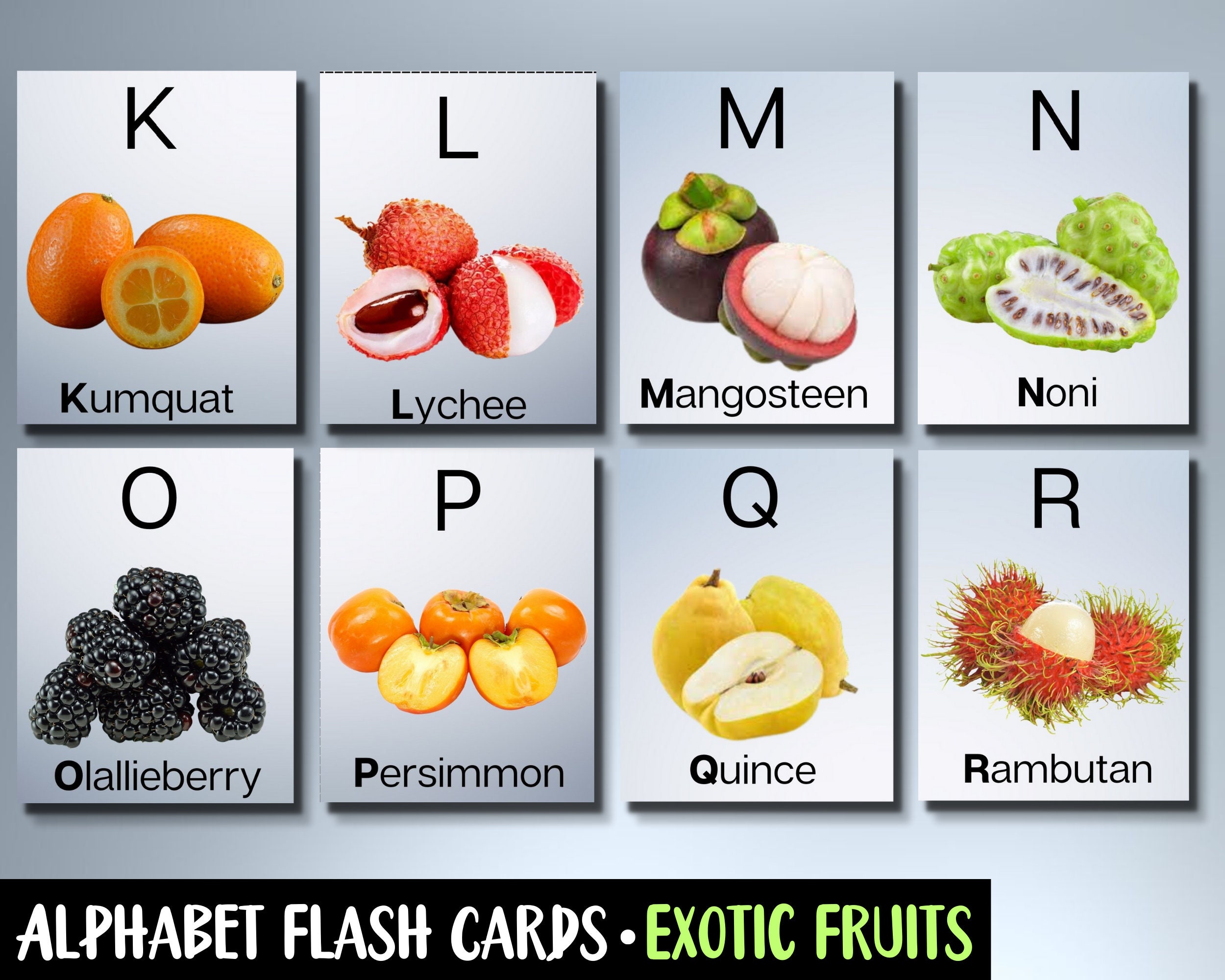 Alphabet Flash Cards, Learn ABC, Exotic Fruits, Flashcards, Educational ...