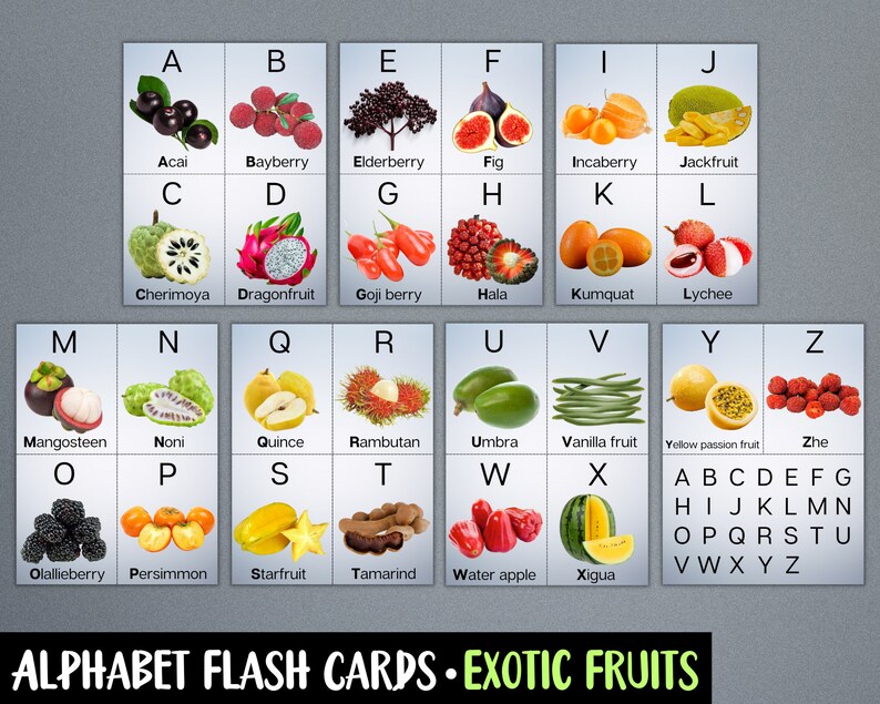 Alphabet Flash Cards Learn ABC Exotic Fruits Flashcards - Etsy