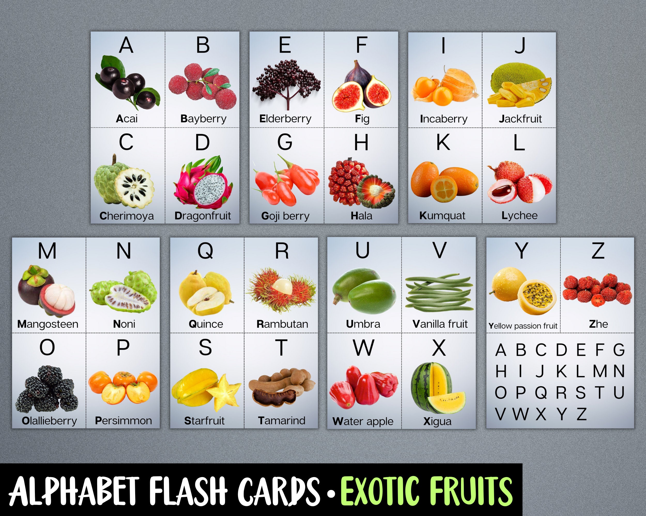 Alphabet Flash Cards, Learn ABC, Exotic Fruits, Flashcards, Educational ...