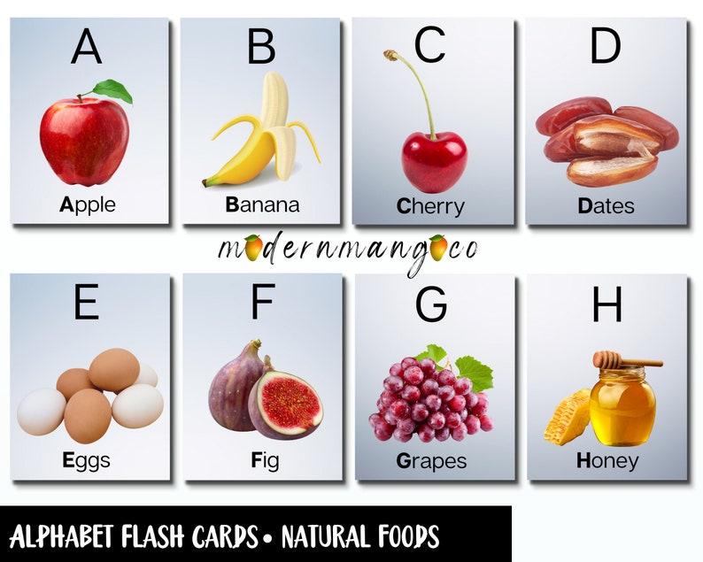 ABC Flash Cards Alphabet Flashcards Natural Foods - Etsy