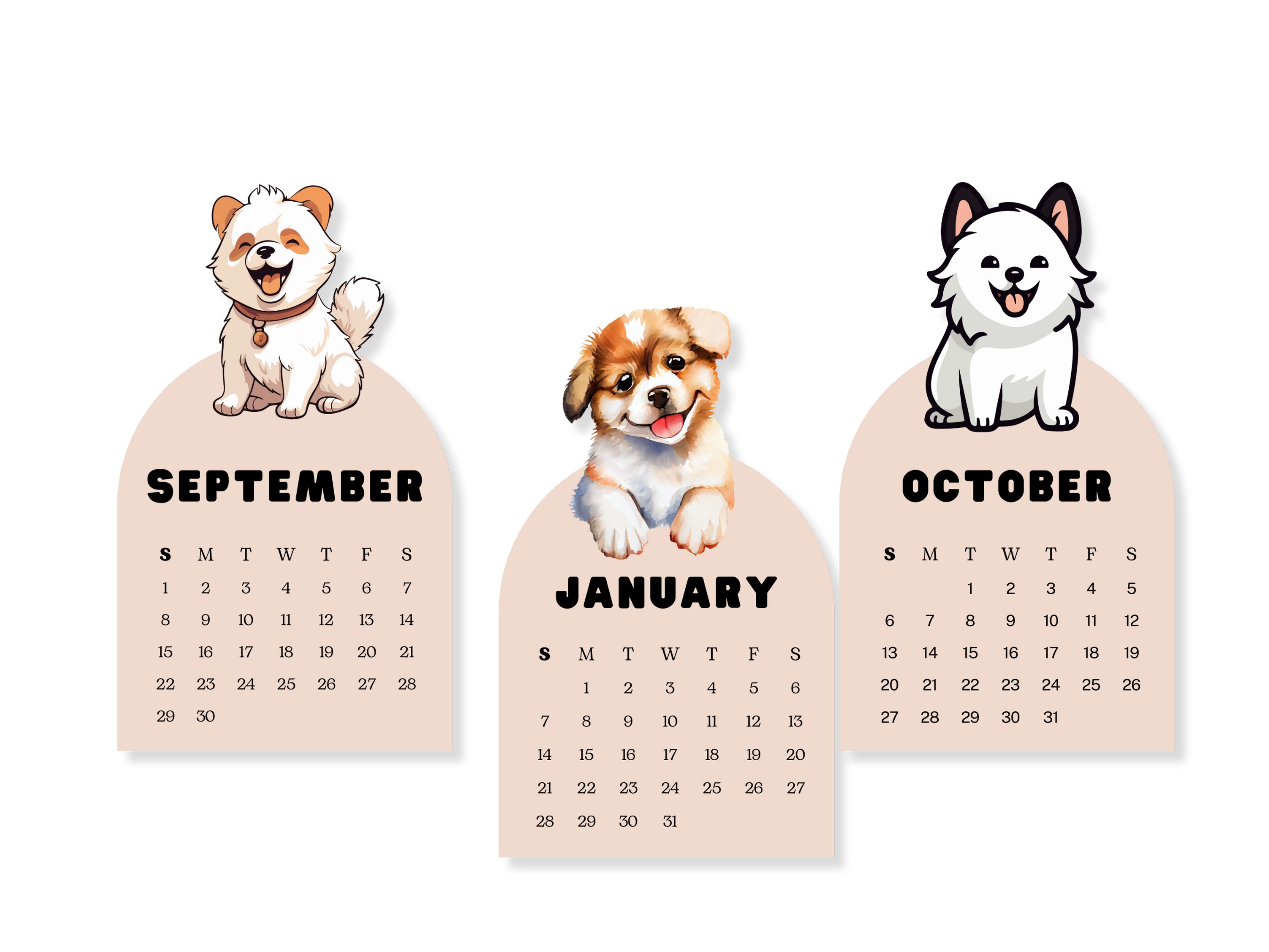 Dog Monthly Calendar, Printable Portrait Calendar, Cute Mini Calendar ...