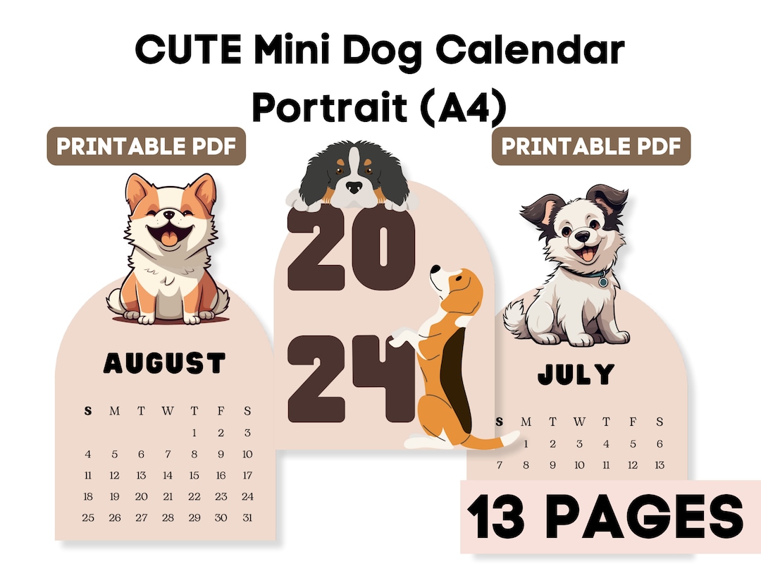 Dog Monthly Calendar, Printable Portrait Calendar, Cute Mini Calendar ...