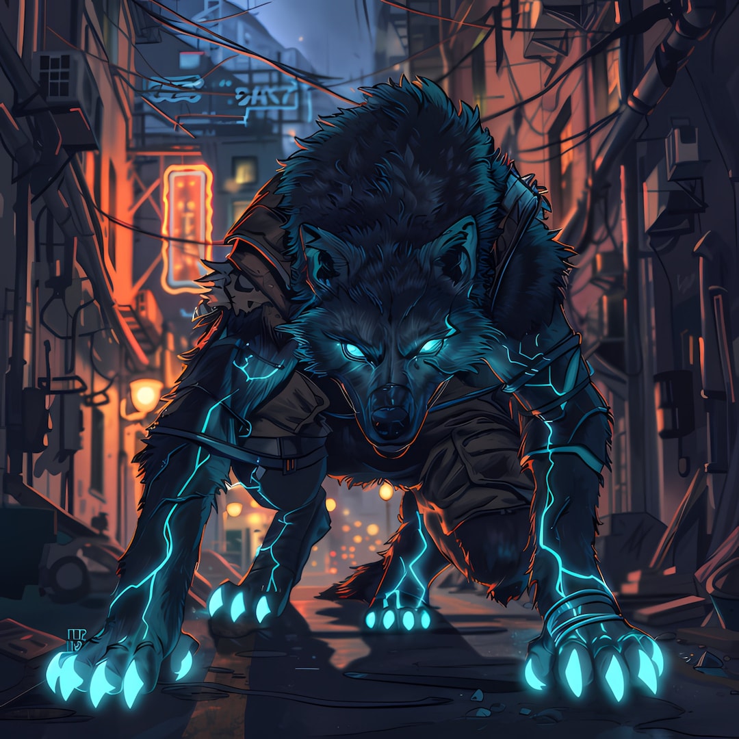 Luminous Cyber Wolf Canvas Print, Electric Blue Neon Artwork, Cyberpunk ...