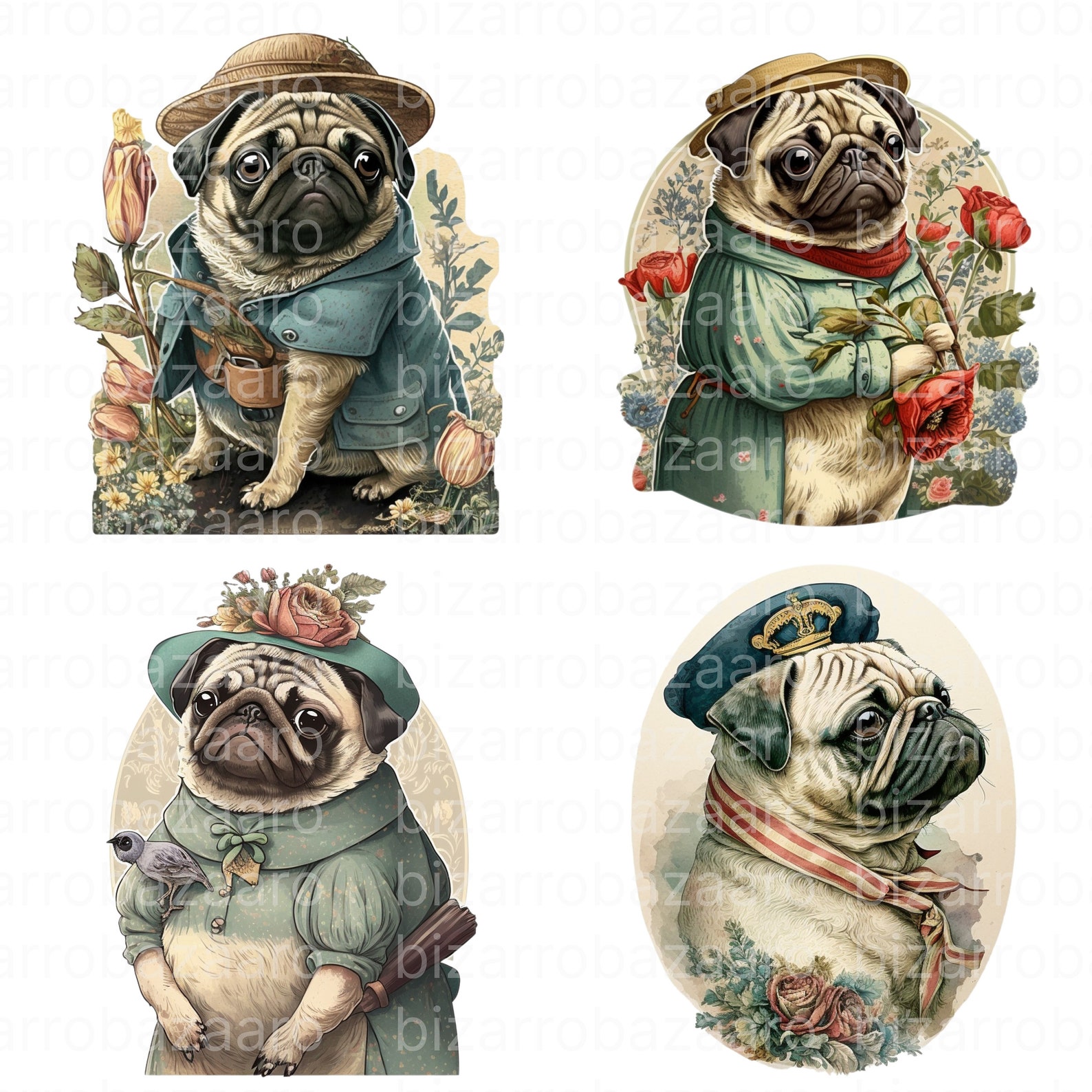 Cute Dressed up Pugs Cliparts PNG Files (x4) With Clear Backgrounds ...