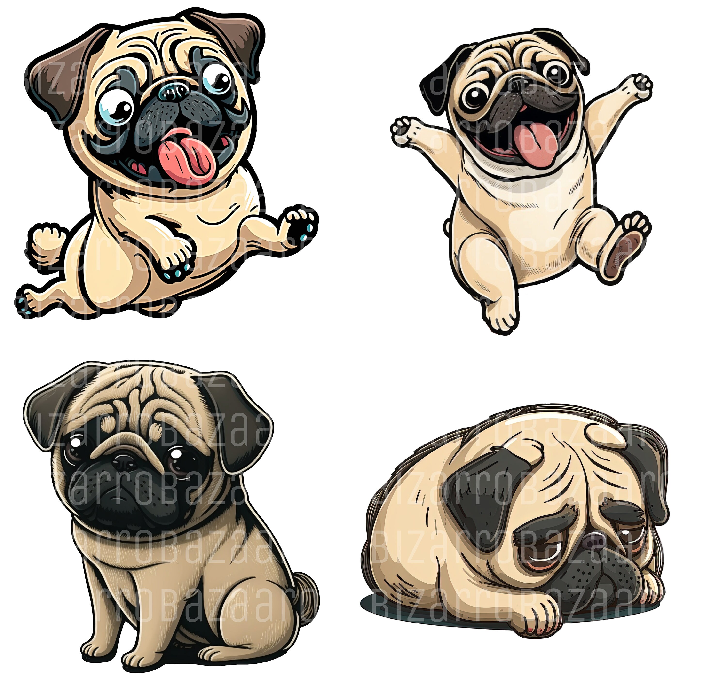 X4 Cute Pug Cliparts PNG Files With Clear Backgrounds. Digital Download ...