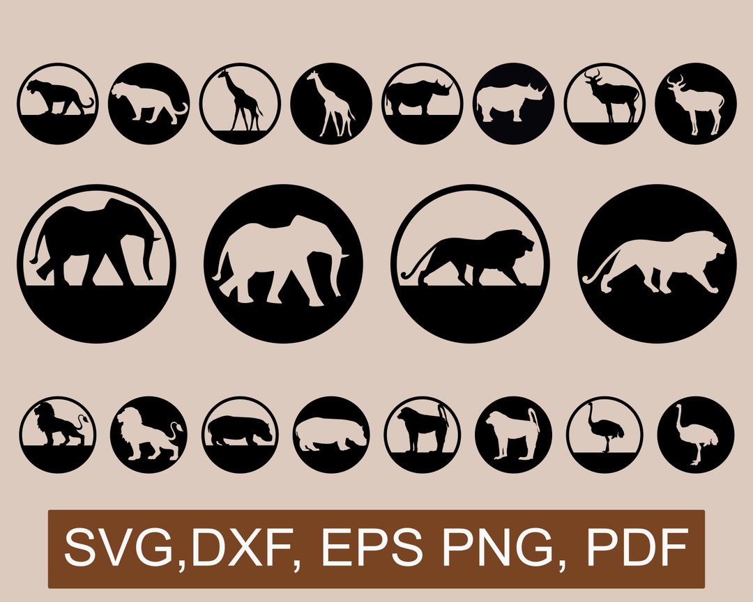 Bundle of 20 Africa Safari Animals Silhouette and Cutouts in Circles ...