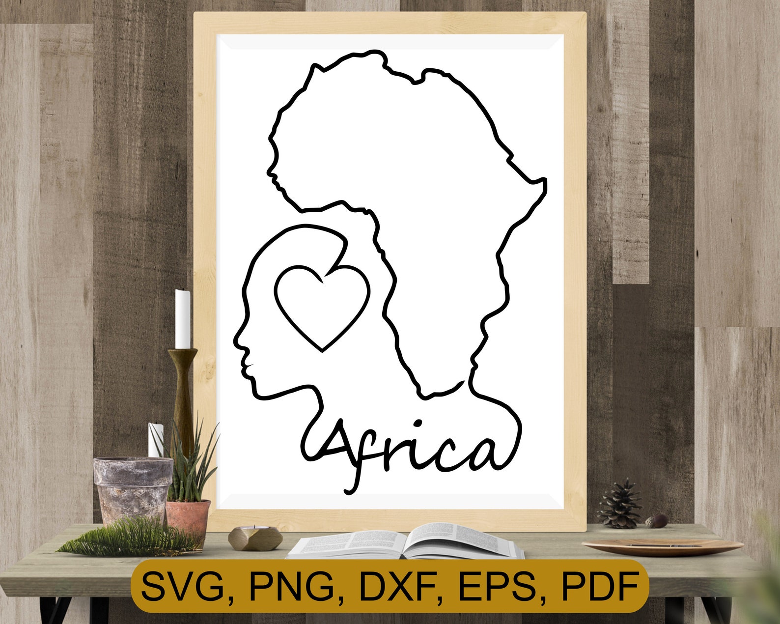 Black Line Art Africa, Woman and Heart Instant Digital Download Png SVG ...