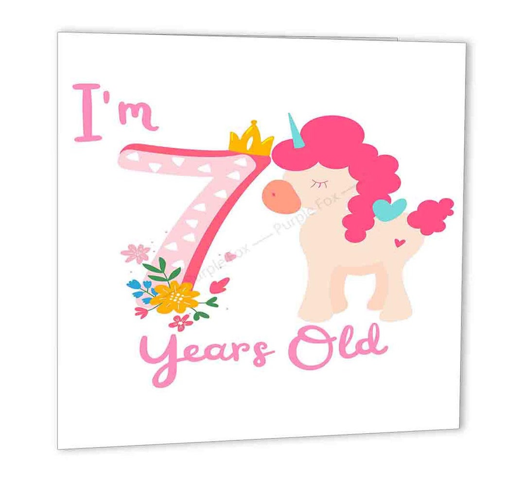 7th Birthday Card Pink Unicorn Seven Years Old Birthday Happy - Etsy