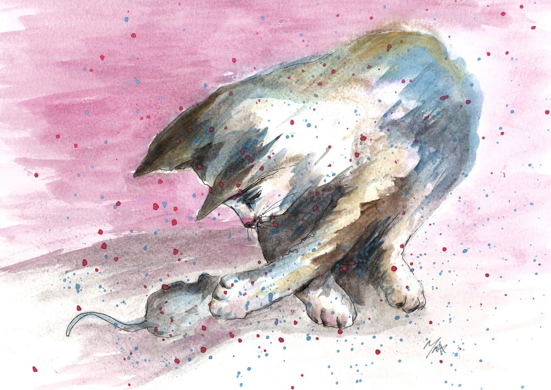 Watercolour Cat Print. 'cat With Mouse.' - Framed Art , Christmas Gift ...