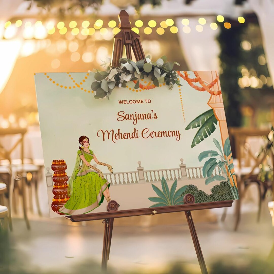 Mehendi Ceremony Welcome Sign Template | Indian Bridal Illustration ...