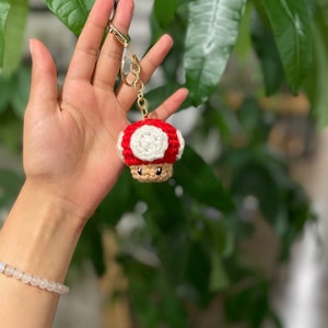 Crochet Mario Mushroom Keychain, Handmade Gift for Mario Bros Fan, Red ...