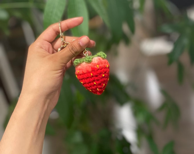 Crocheted Strawberry Keychain, Cute Charm, Handmade Gift, Airbrushed ...