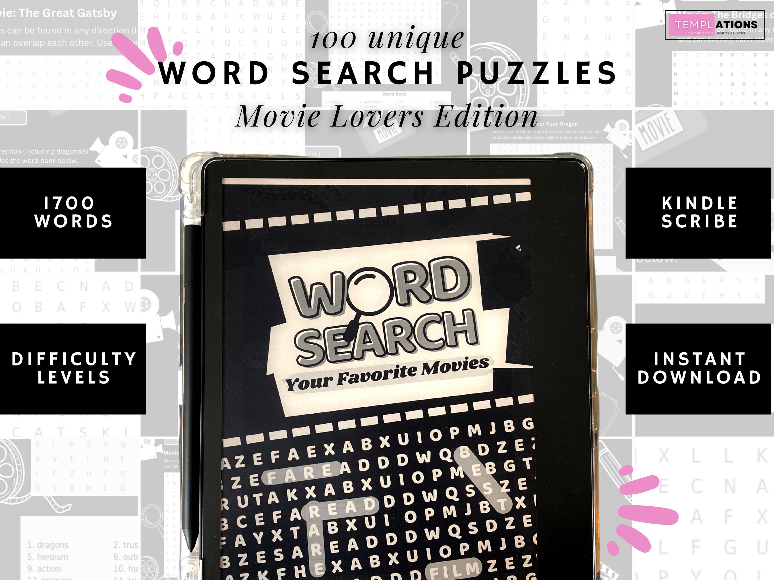 100 Unique Word Search Puzzles | Built for Kindle Scribe | With Movie ...