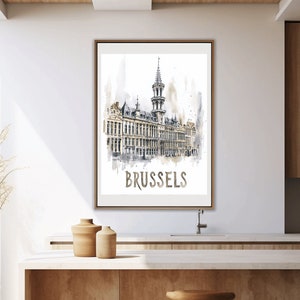 Grand Place Brussels Travel Poster - Minimalist Boho Wall Art, Neutral ...