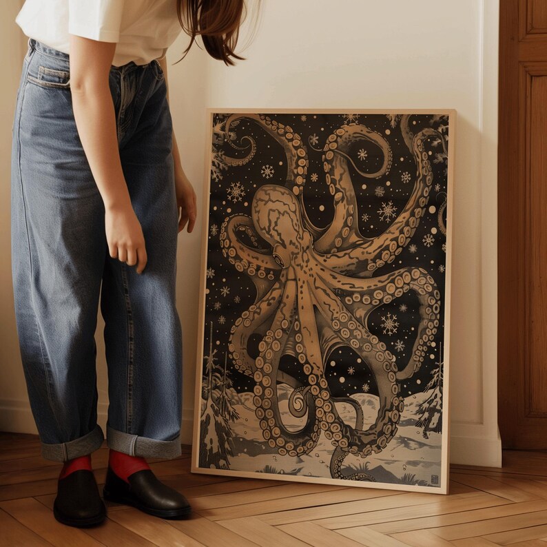 Japanese Woodblock Print - Giant Octopus Art, Snowy Landscape, Detailed ...