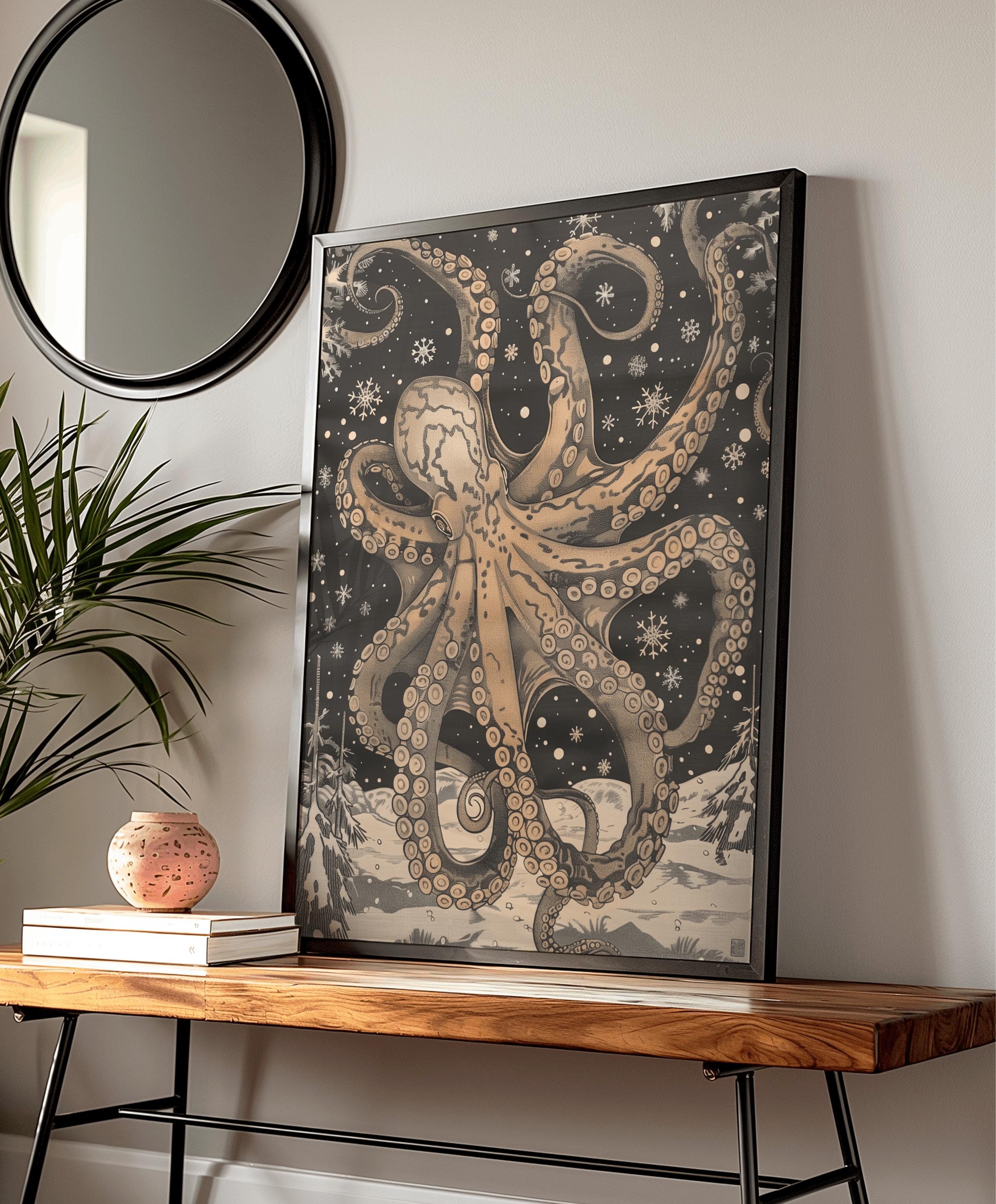 Japanese Woodblock Print - Giant Octopus Art, Snowy Landscape, Detailed ...