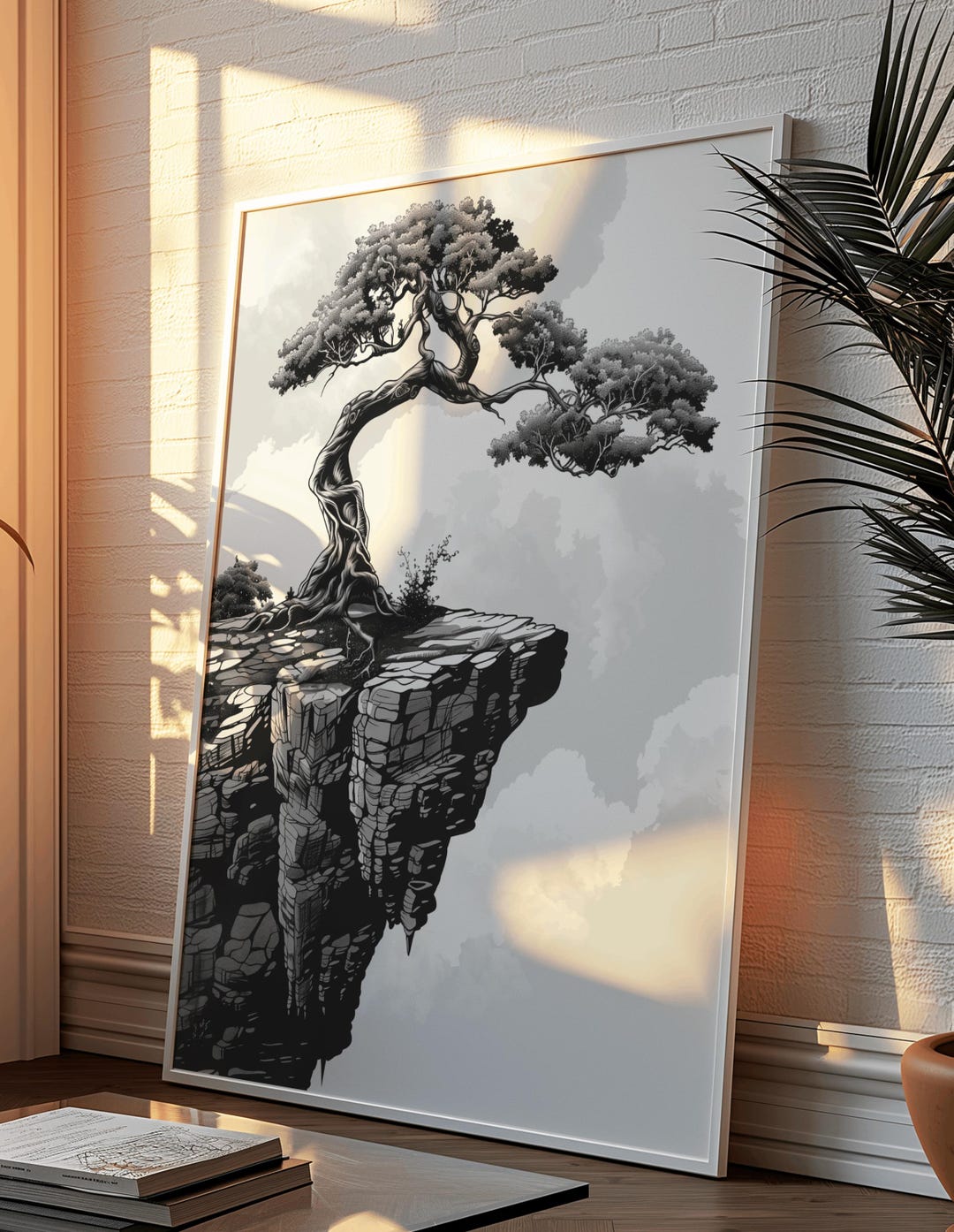 Black and White Bonsai Tree Poster - Vector Art Print, Cliffside Design ...