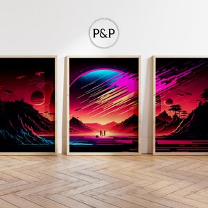 Synthwave Printables Digital Art for 3 Piece Cosmic Landscape Wall ...