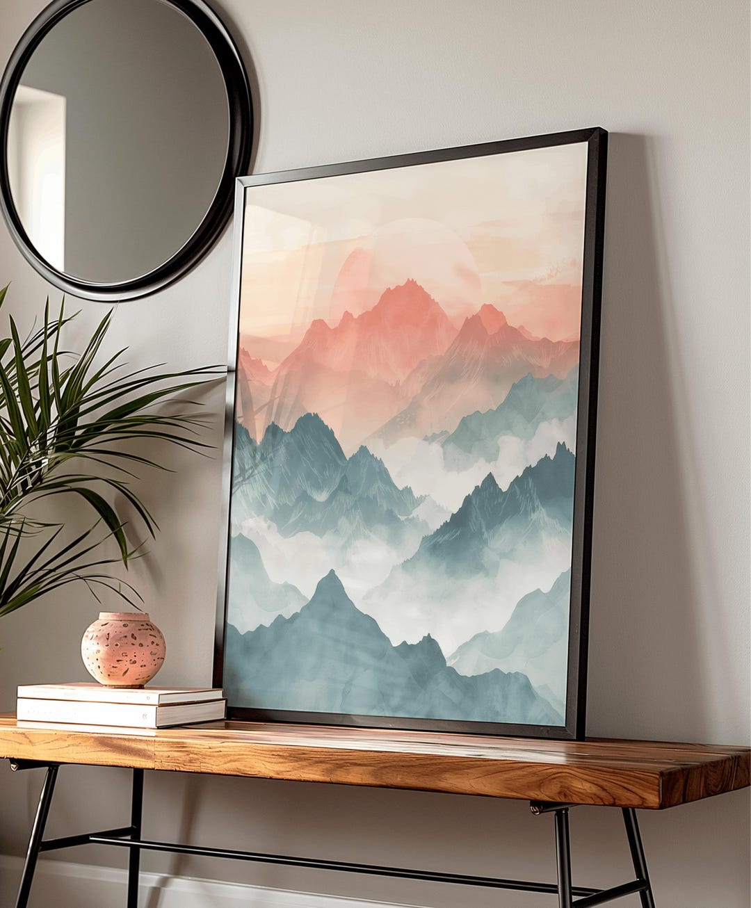 Boho Minimalist Mountain Art Print - Watercolor Pastel Landscape Poster ...