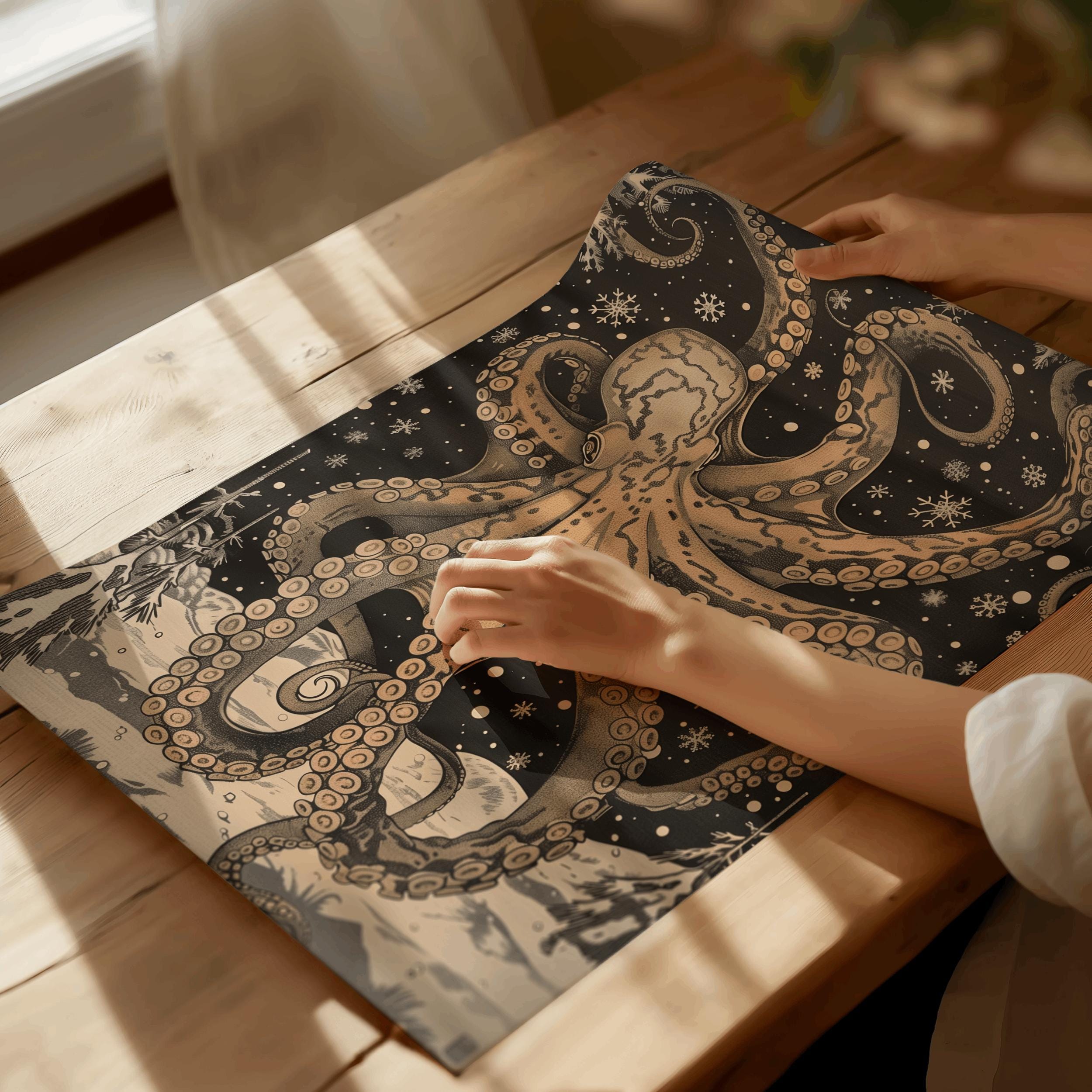 Japanese Woodblock Print - Giant Octopus Art, Snowy Landscape, Detailed ...