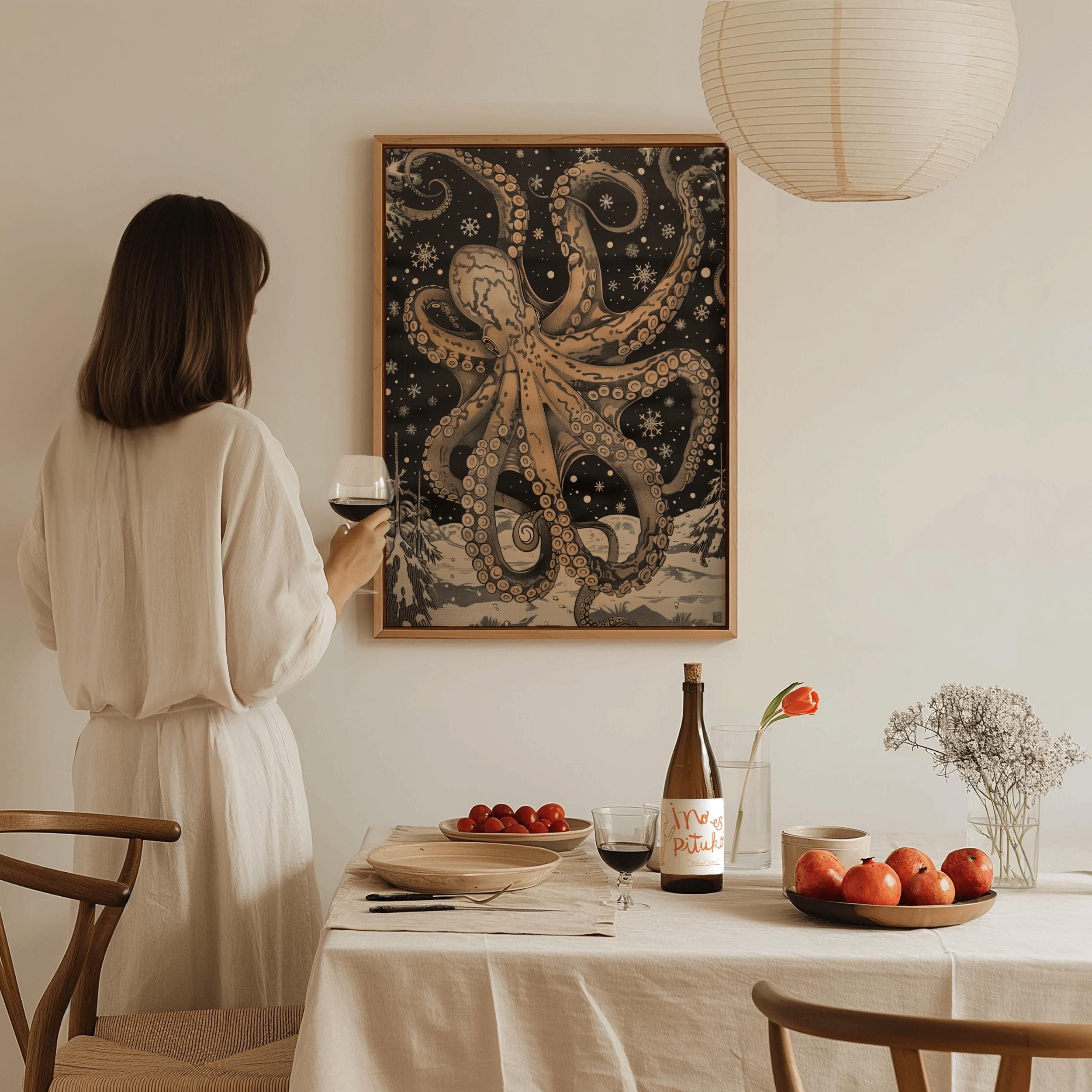 Japanese Woodblock Print - Giant Octopus Art, Snowy Landscape, Detailed ...