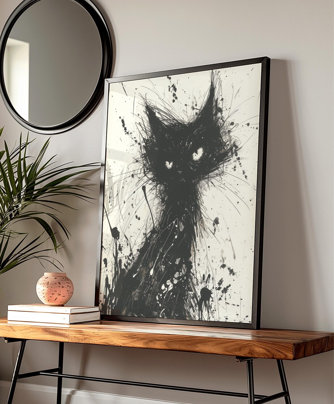 Black Cat Art Print - Chaotic Ink Splatter Artwork, Expressive Modern ...