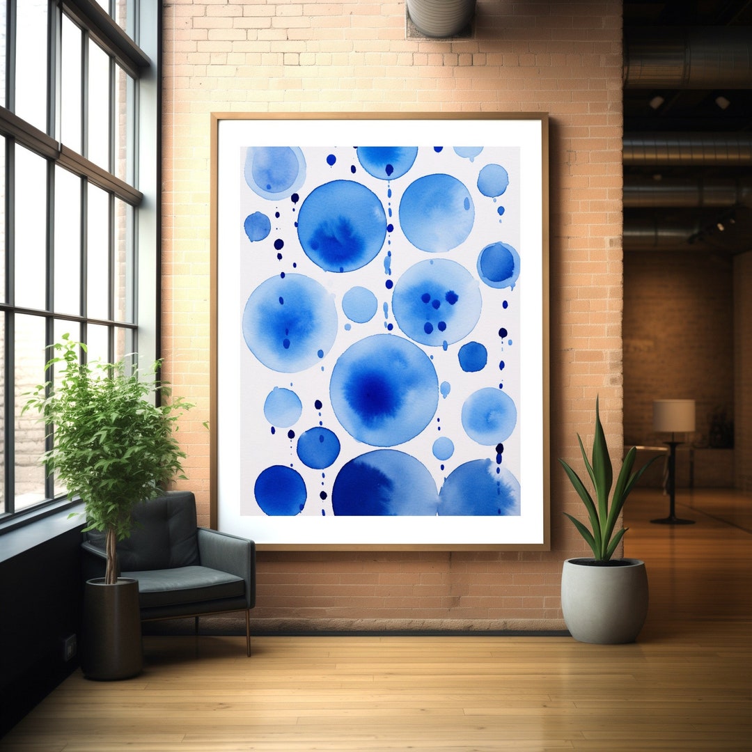 Boho Style Cobalt Blue Watercolor Dots Art Print, Abstract Minimalist ...