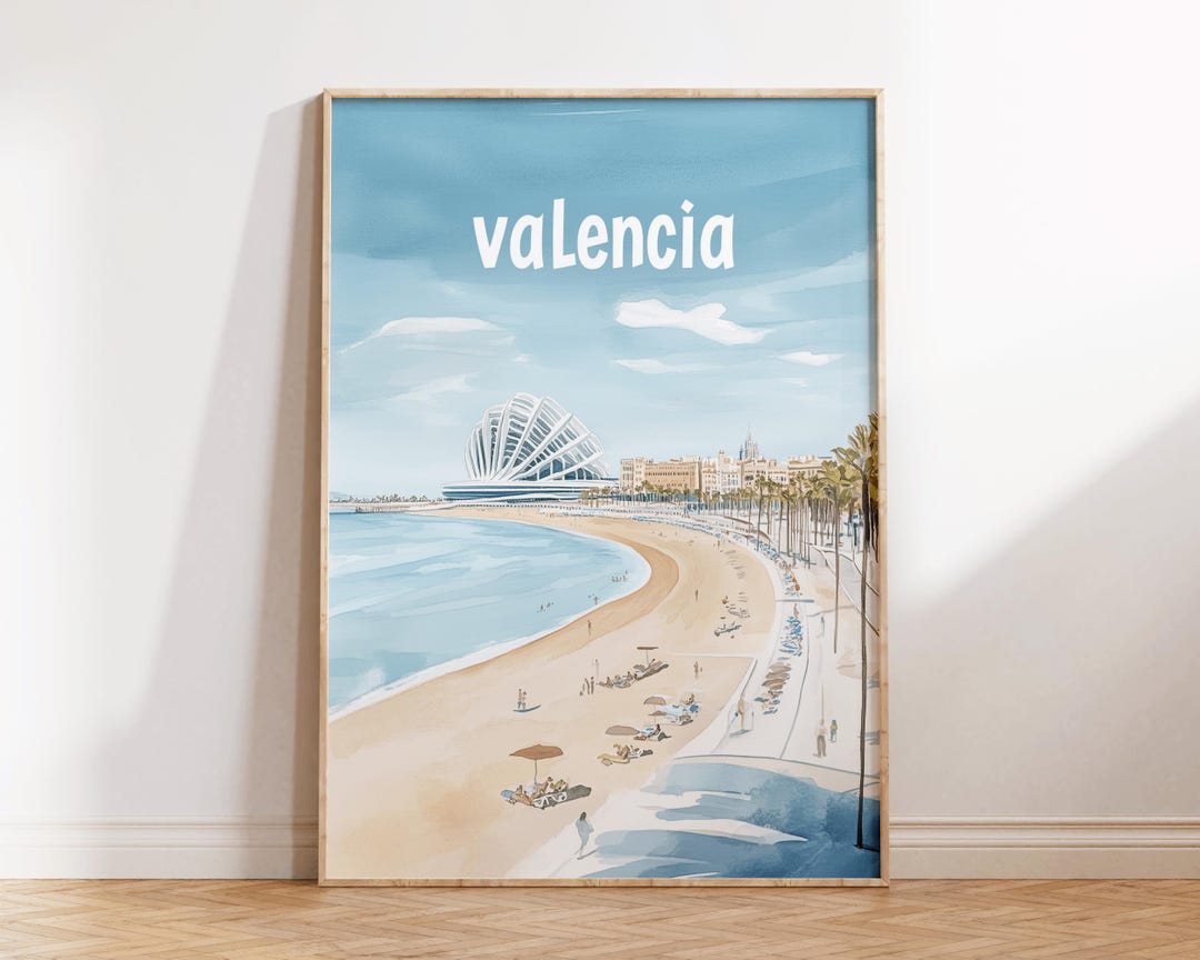 Valencia Beachfront Poster - Minimalist Watercolor Print, Modern Travel ...