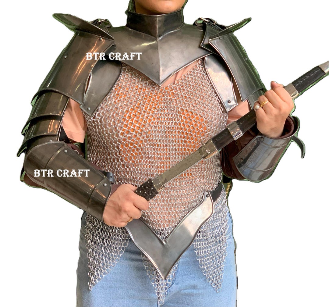 Medieval Knight Lady Armor Neck Gorget With Pauldrons, Arm Bracers & Chainamail - LARP Cosplay ...