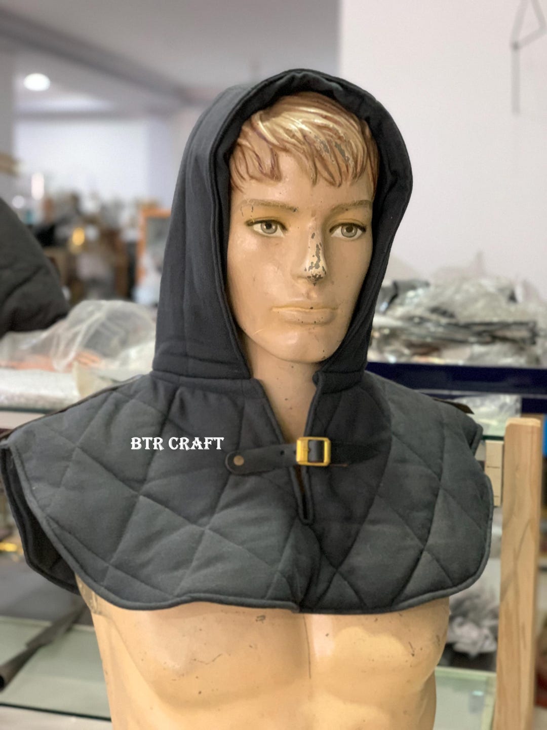 Medieval Cotton Padded Collar and Black Cap- Cosplay Larp Head Gear ...