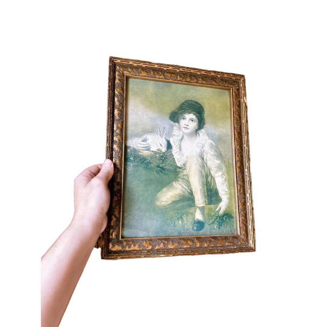 Vintage Framed Lithograph of boy and Rabbit by Henry Raeburn - Etsy