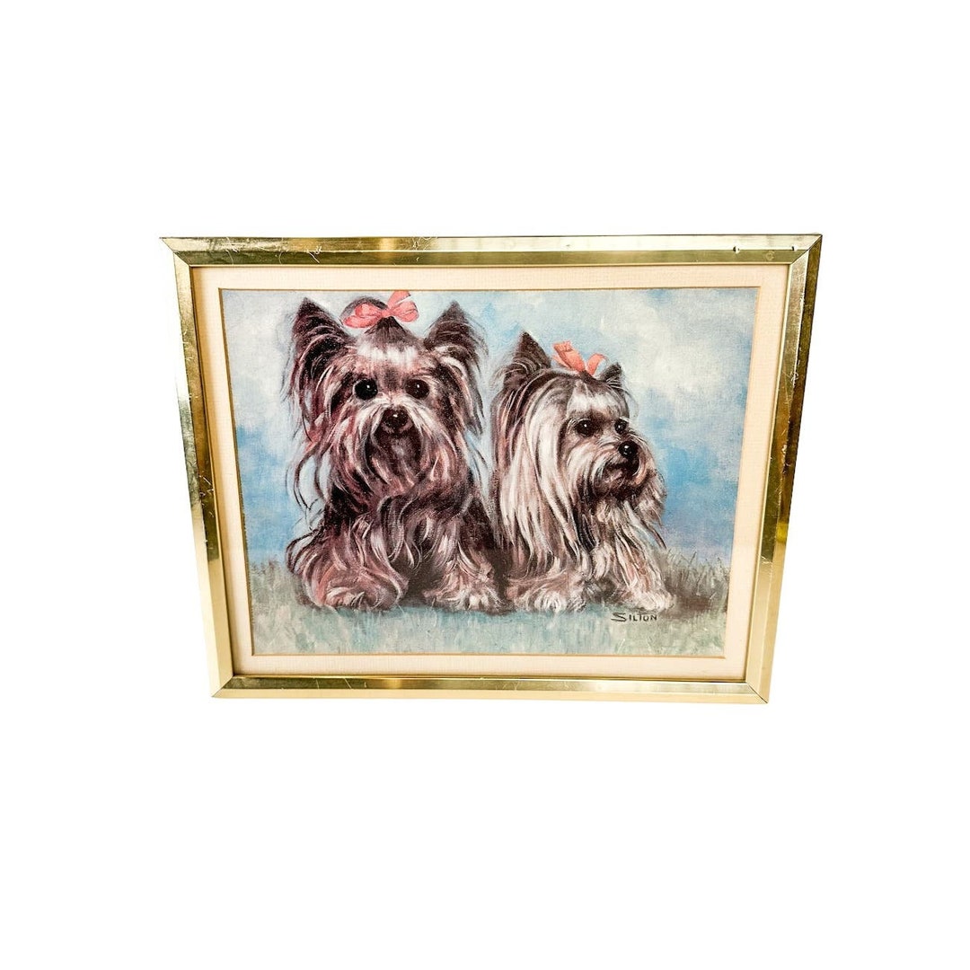 Vintage Yorkshire Terrier Dogs Framed Print by Silton in A Gold Metal ...
