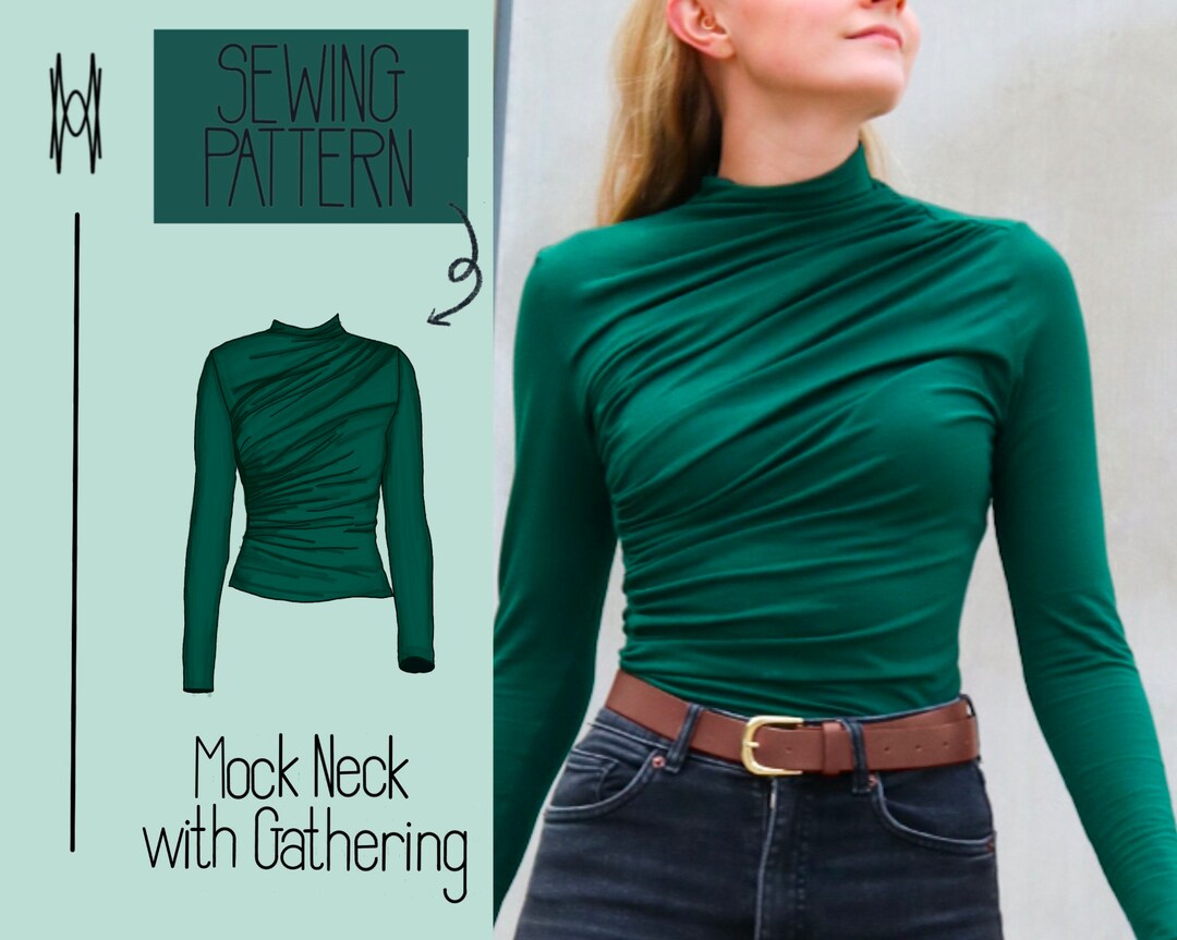 Mock-neck Turtleneck Long-sleeve Shirt Top With Gathering PDF Sewing ...