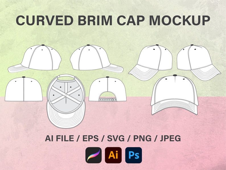 Curved Brim Snapback Cap, Streetwear Cap Tech Pack Hat Mockup ...