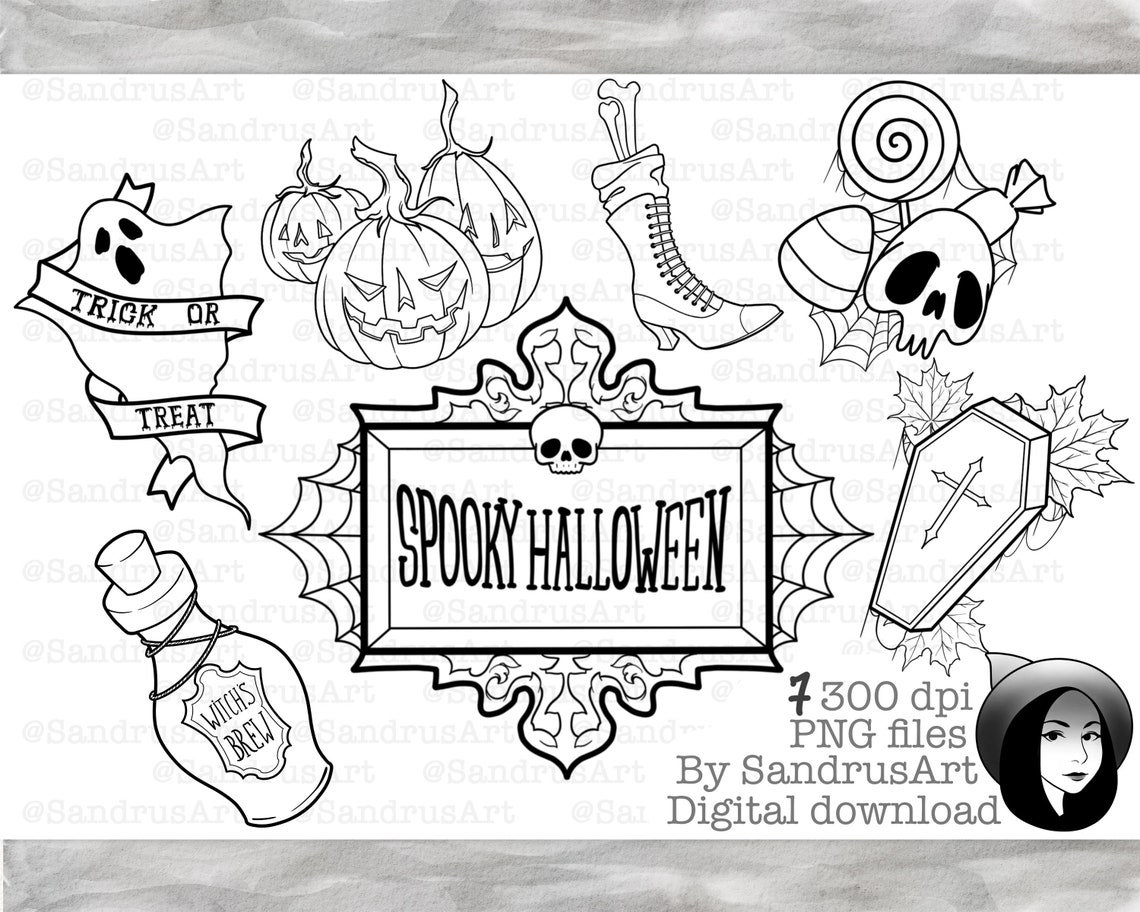 Spooky Halloween Clipart Lineart Pack Png Elements With Transparent ...