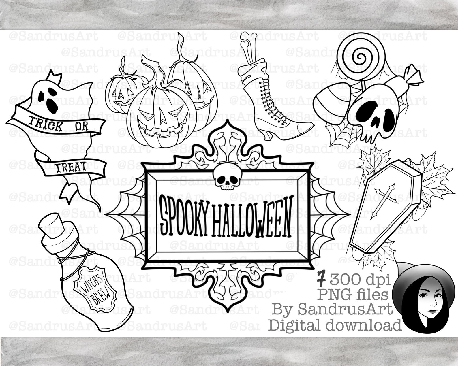 Spooky Halloween Clipart Lineart Pack Png Elements With Transparent ...